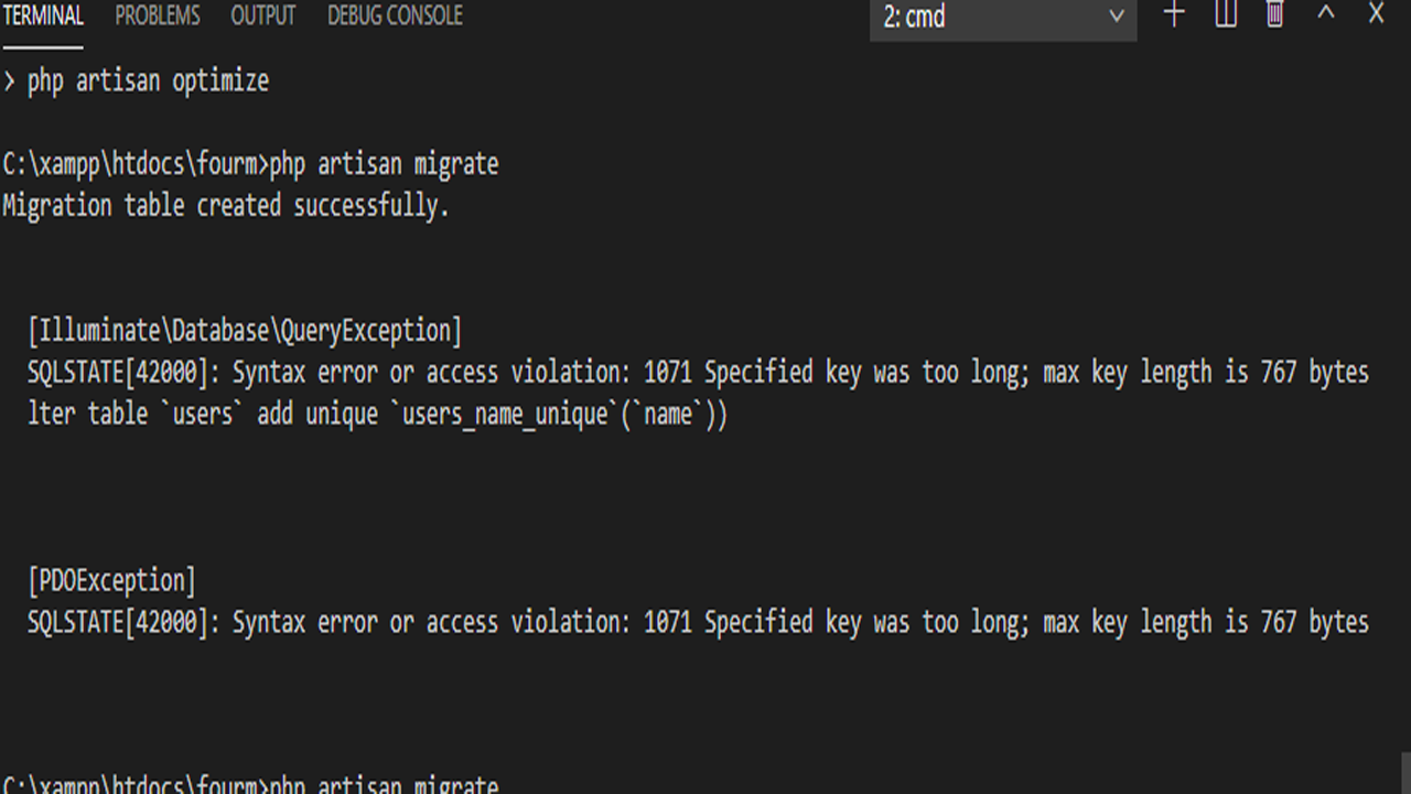 Laravel 1071 Specified key was too long max key length is 767 byt